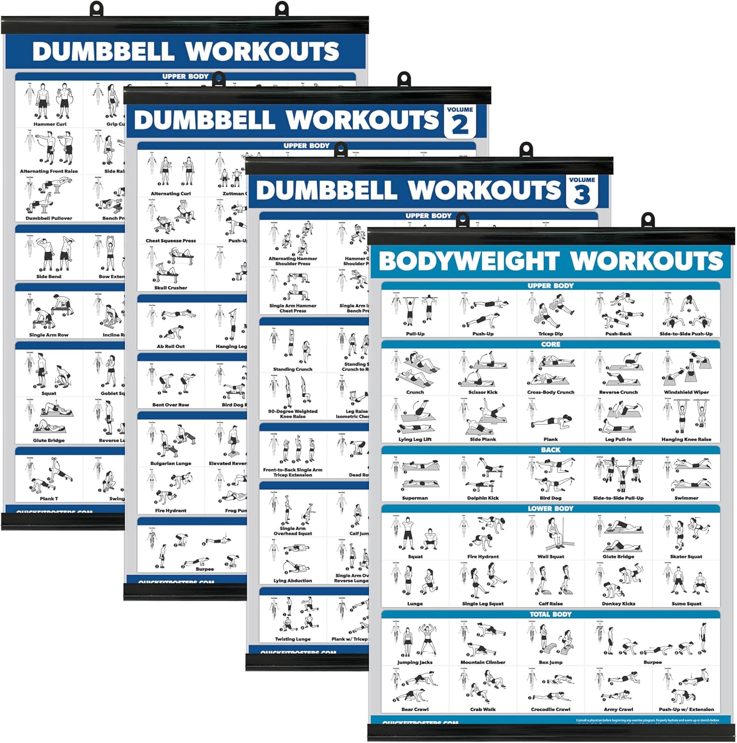 Dumbbell & Bodyweight Exercise Posters - Set of 4, Laminated, 18x24 ...