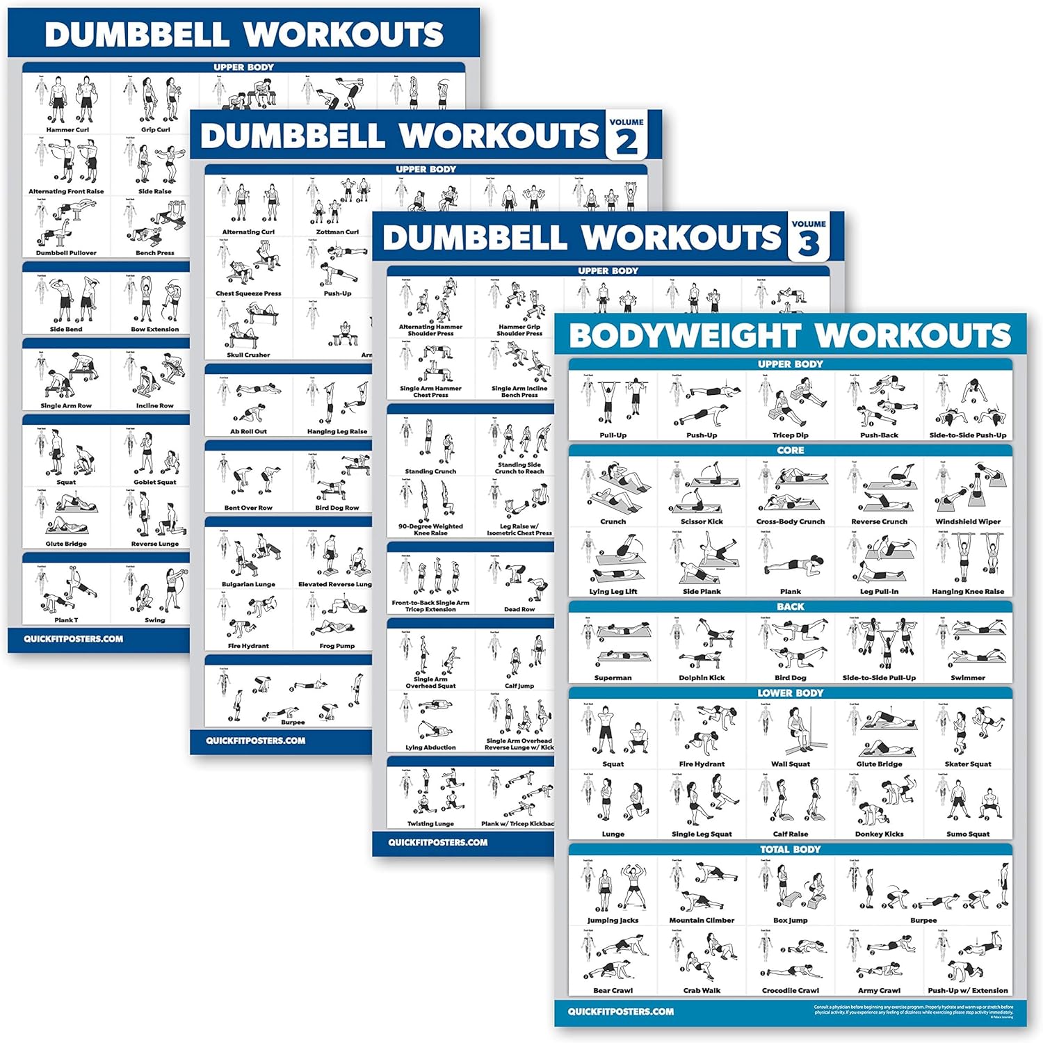 Dumbbell & Bodyweight Workout Posters - Set of 4 (LAMINATED, 18 x 24 ...