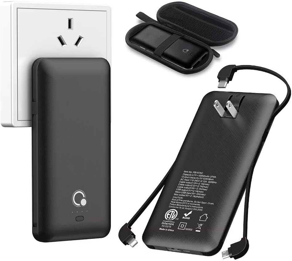 Ultra-Slim 10000mAh Power Bank: 4 Output Ports & Built-in Wall Plug ...
