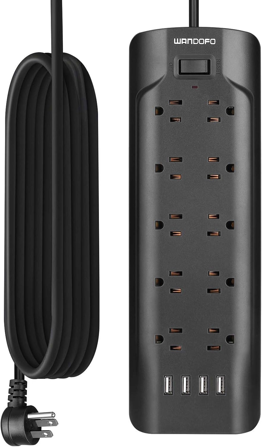 15ft Long Cord Surge Protector, 10 Outlets, 5V USB, Wall Mountable - U ...