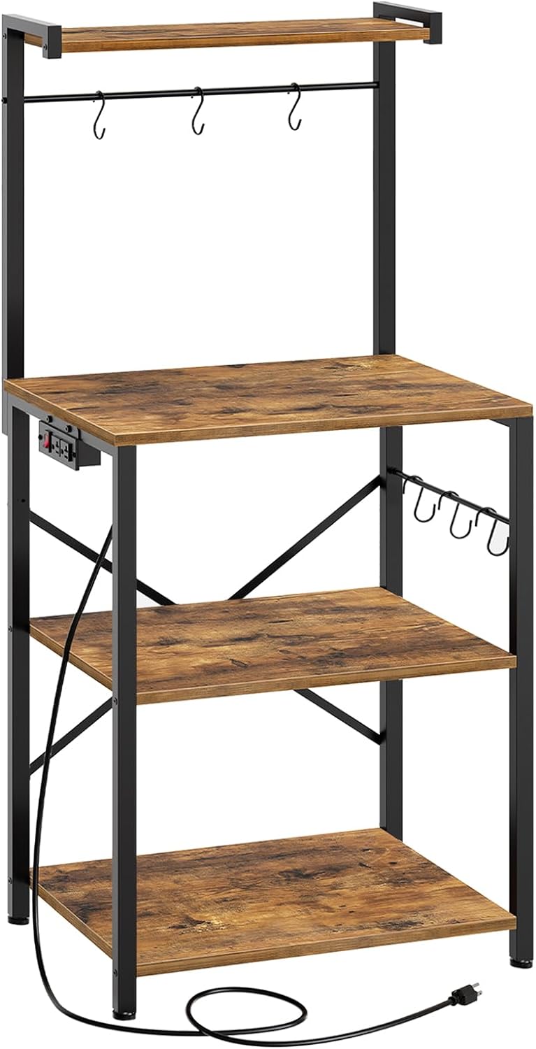 Rustic Bakers Rack with Power Outlets & Hooks – GearMustHave