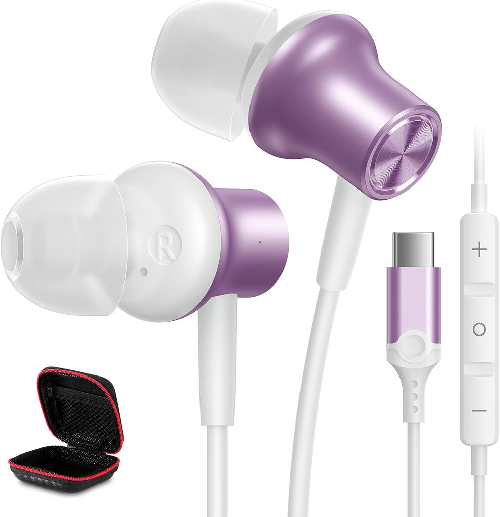 Purple USB C Earbuds by iMangoo - Crisp Sound & Mic – GearMustHave