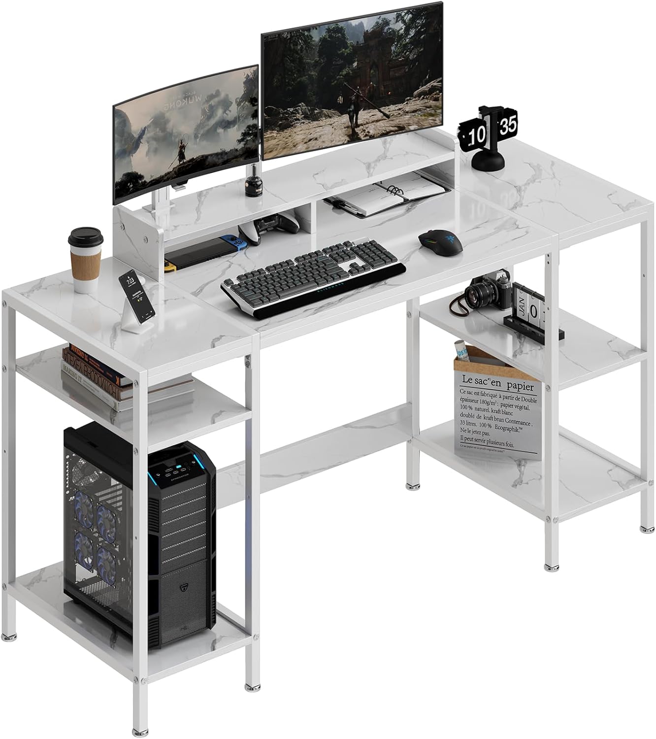 Marble White Gaming Desk - Dual Monitor Setup – GearMustHave