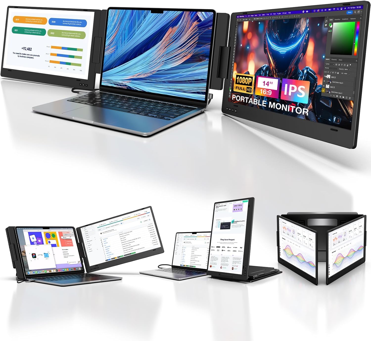 KYY 14'' FHD Portable USB-C Triple Screen Extender - Work Anywhere ...