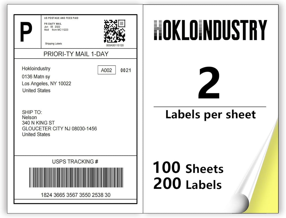 100 Sheets: 200 Labels, 8.5x5.5 Shipping Labels for Laser/Inkjet, Perm ...