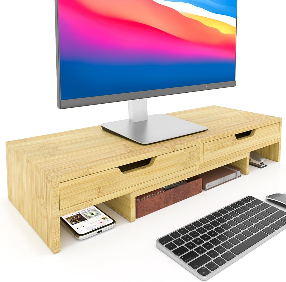 Bamboo Monitor Stand Riser - Dual Storage – GearMustHave