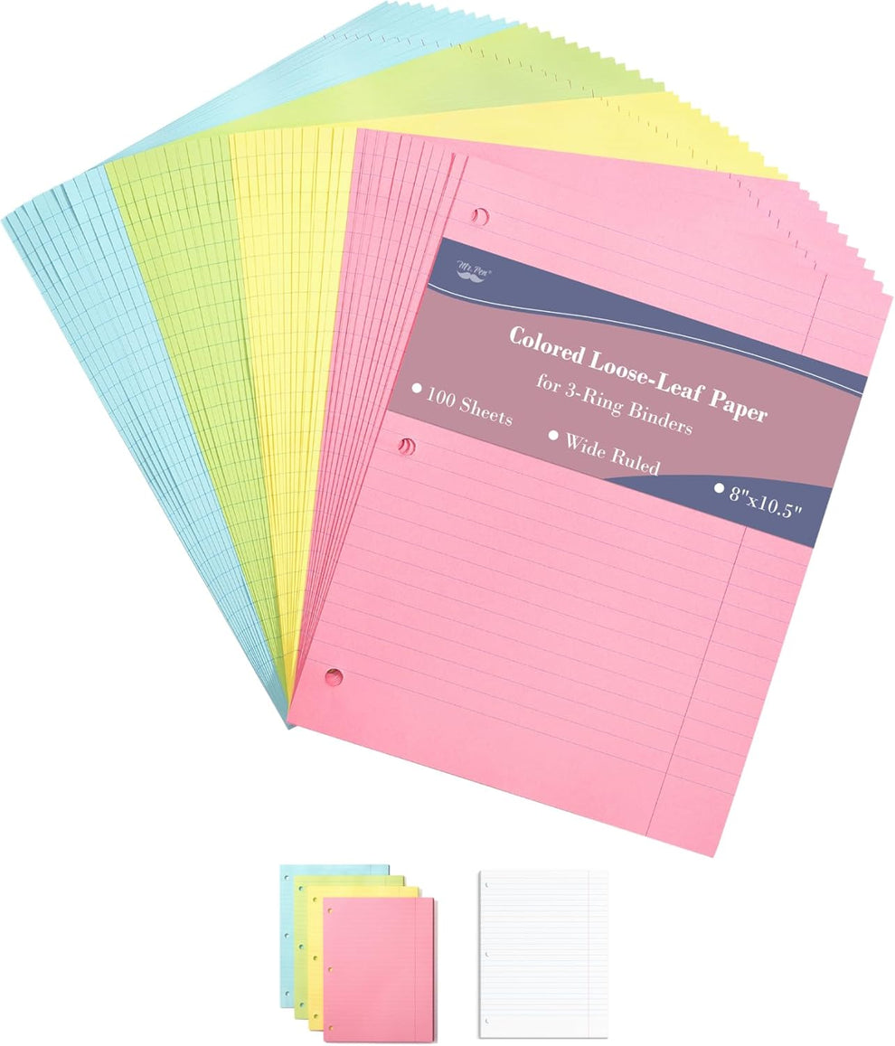 Mr. Pen Wide Ruled Colored Paper: 100 Sheets, 3-Hole Punched – GearMustHave