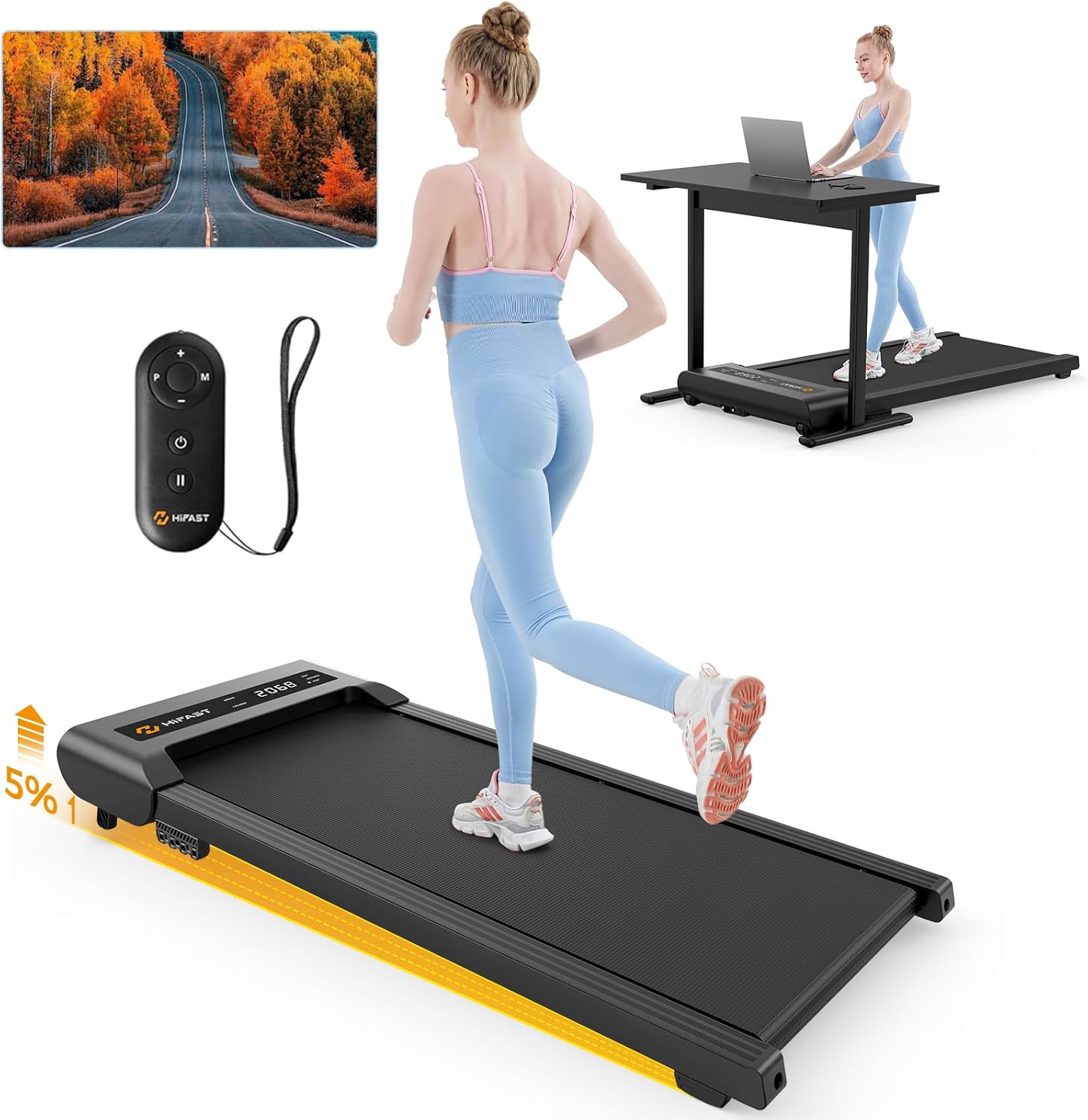 HiFast Under Desk Treadmill - Portable 2-in-1 Mini Incline Treadmill ...