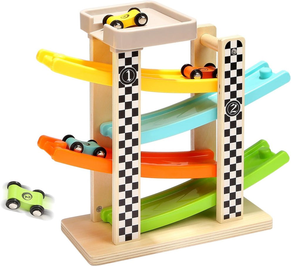 Wooden Race Track Car Ramp Racer | Toddler Toy Set with 4 Mini Cars ...