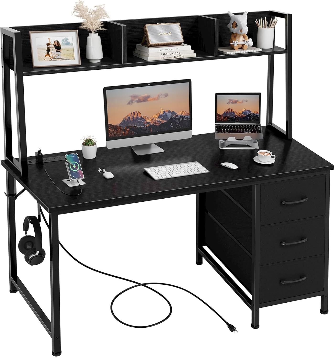 Modern Black Computer Desk with Hutch & Power Outlets – GearMustHave