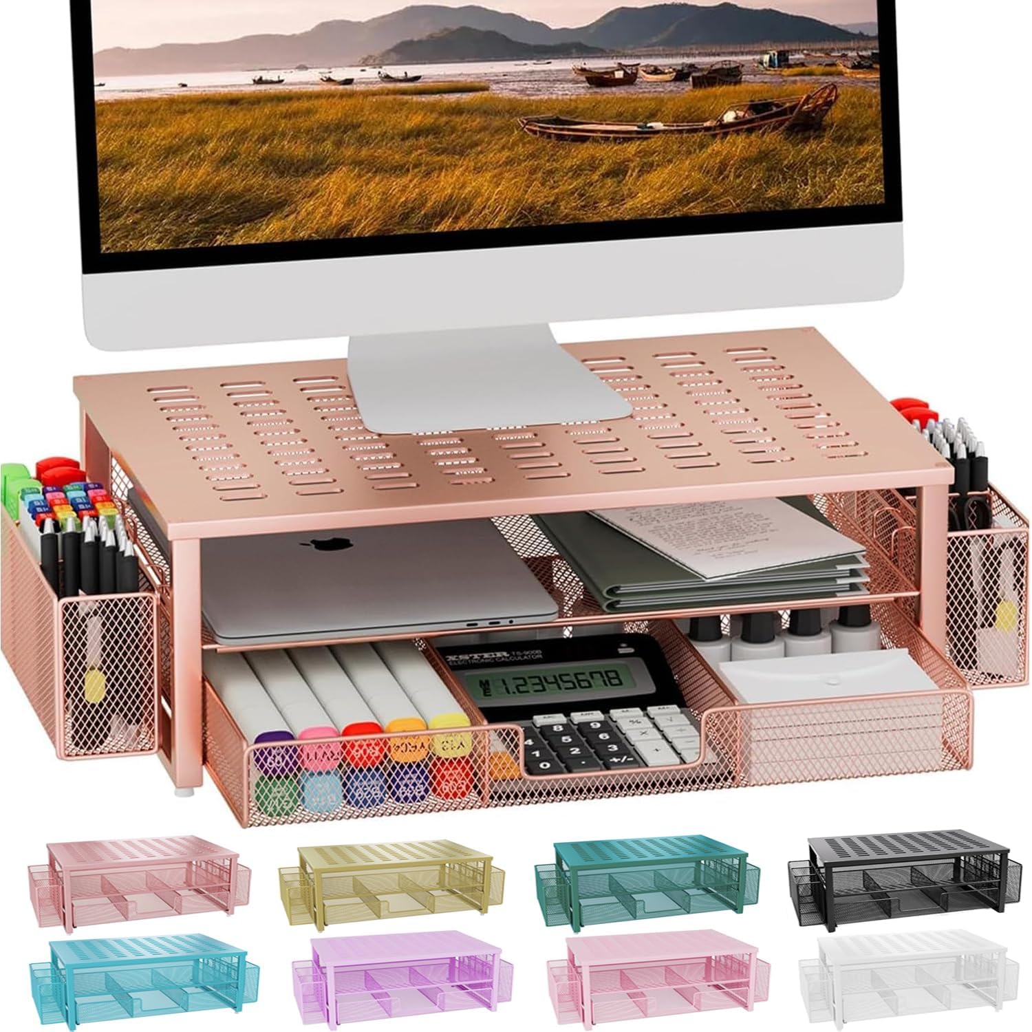 Rose Gold Monitor Stand with Drawer & Pen Holders – GearMustHave