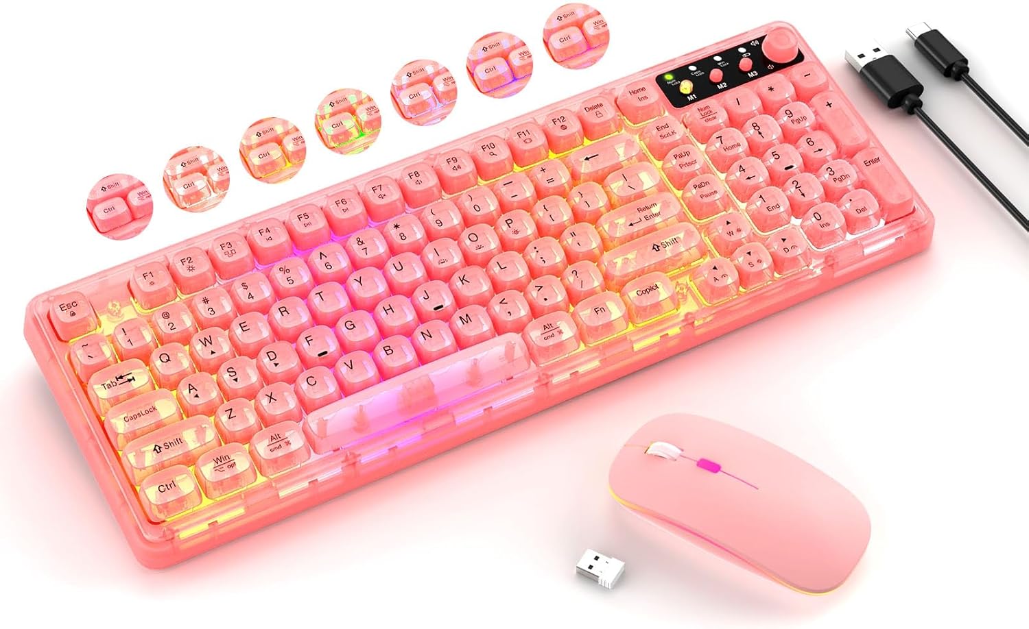 Wireless Pink Backlit Keyboard & Mouse Set - 15 Effects, Volume Knob ...
