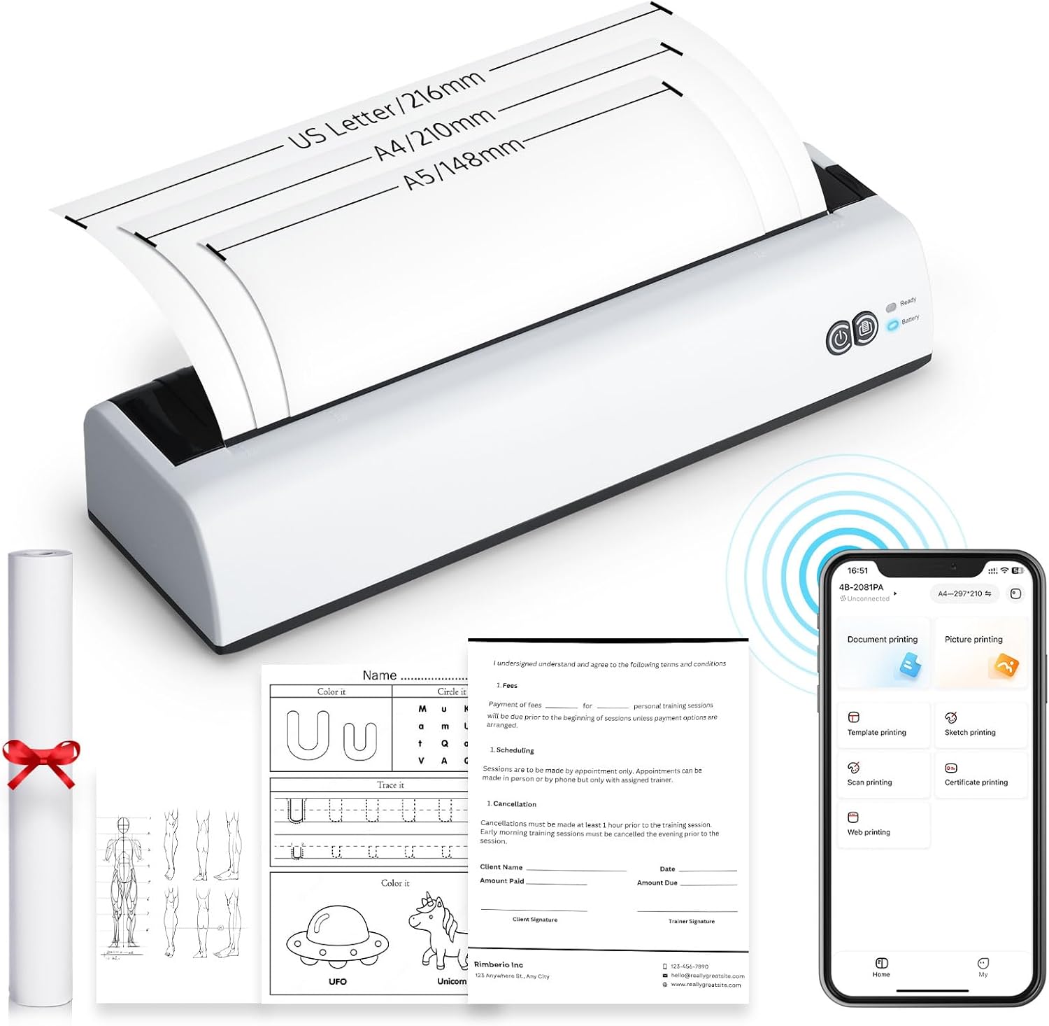 Portable Thermal Printer, Wireless, US Letter & A4 Size, iOS/Android/L ...