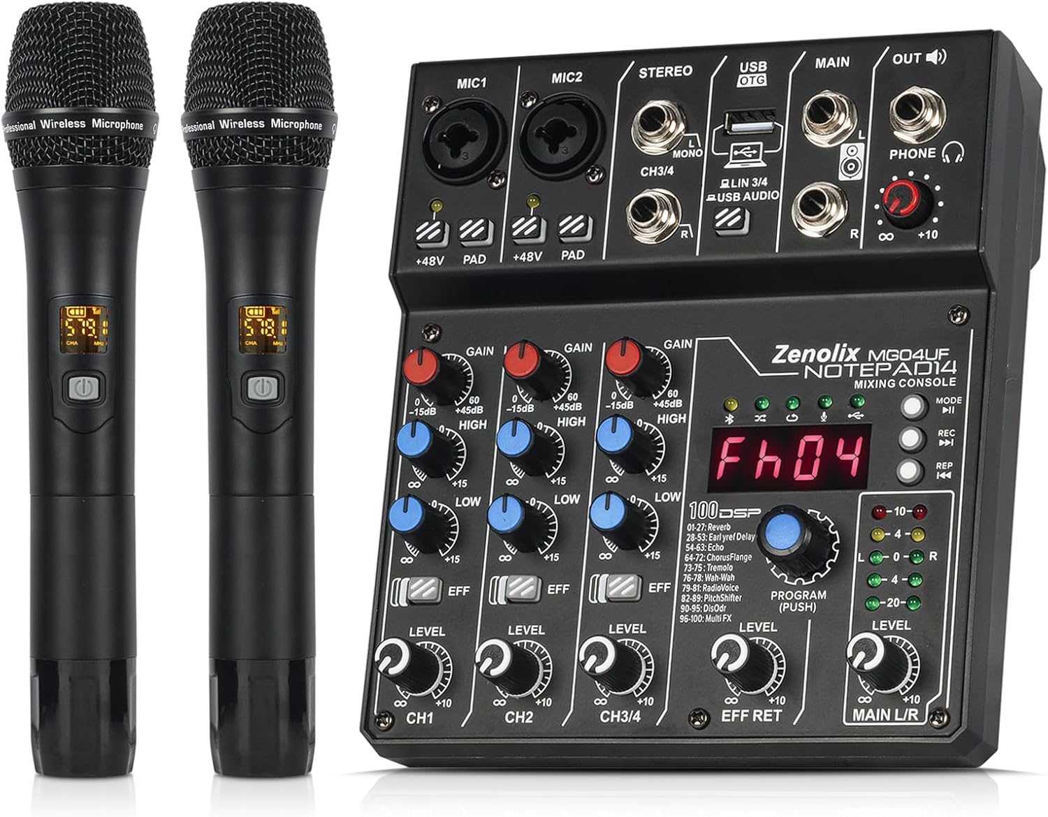 Zenolix 4-Ch DJ Mixer w/ Dual Wireless Mics - Karaoke Studio Power ...