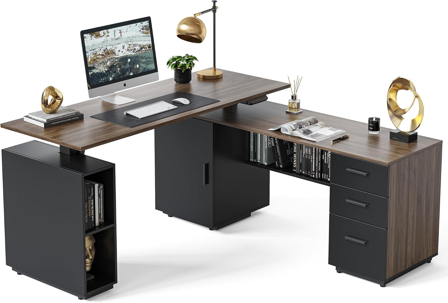 Executive Height Adjustable L-Shaped Desk - Deep Wood Grain – GearMustHave