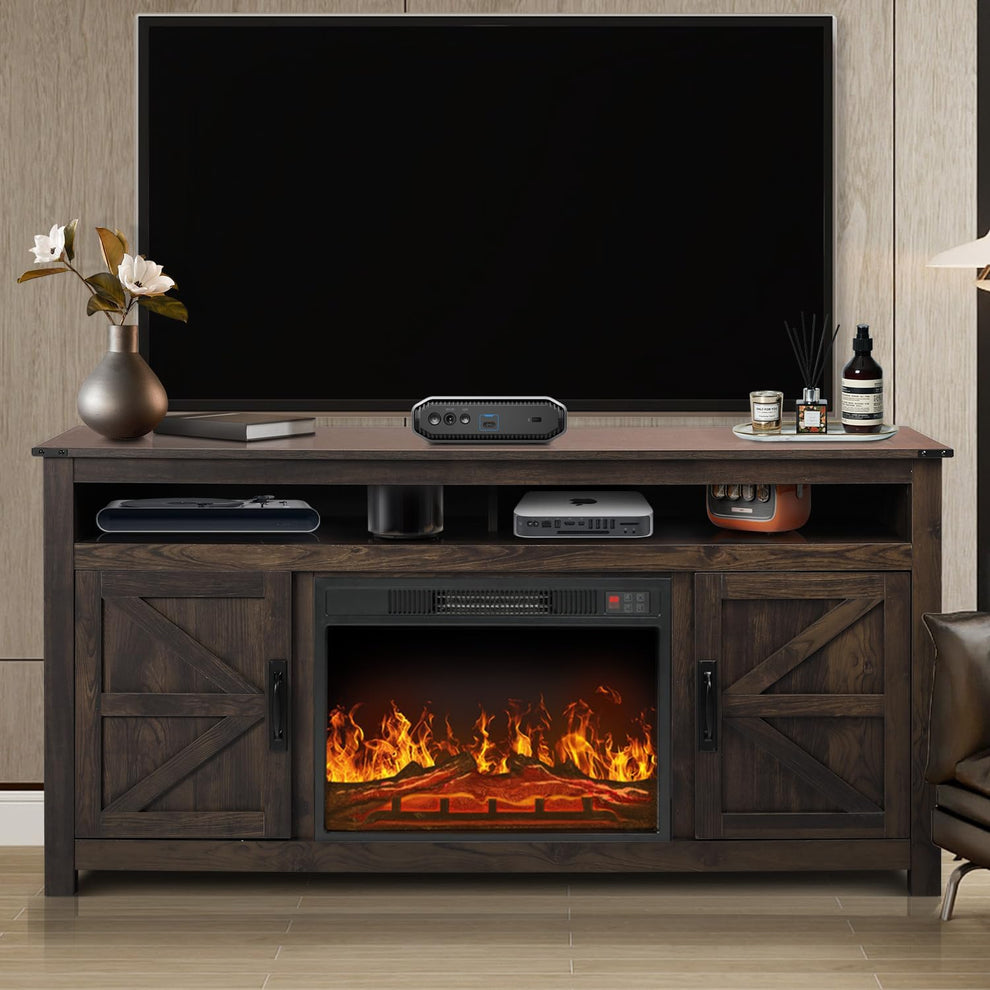 Rustic Fireplace TV Stand-65 TVs,Barn Door Cabinet – GearMustHave