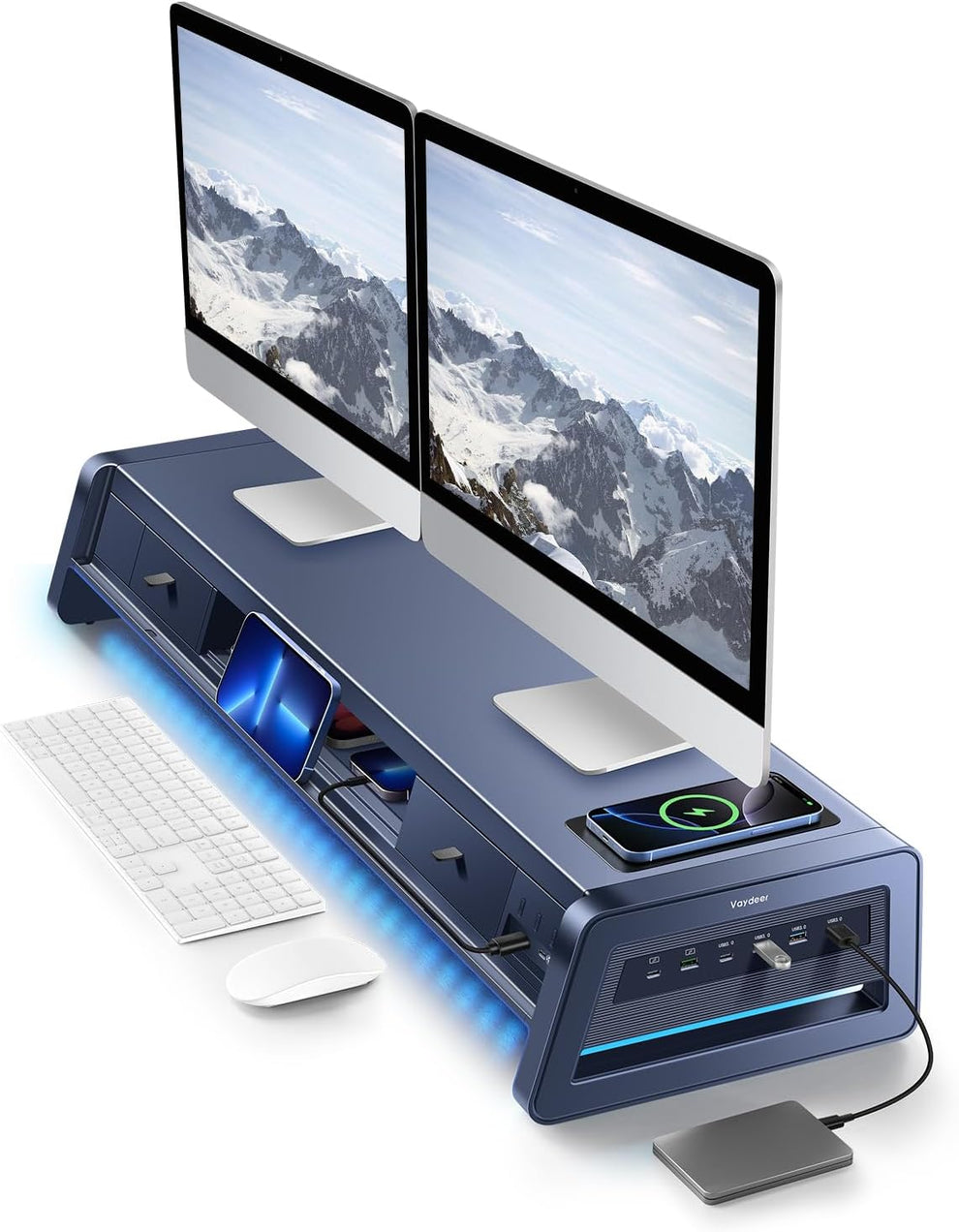 Vaydeer Dual Monitor Stand with Wireless Charging & USB Ports ...