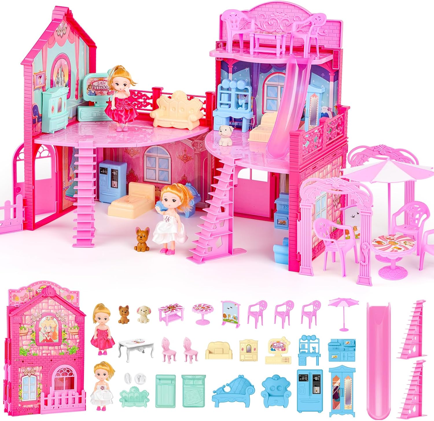 Foldable Dollhouse Set with Furniture & Figures - Portable Pretend Pla ...