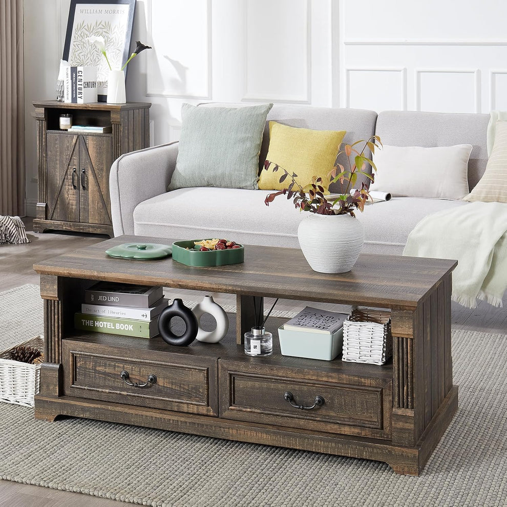 Rustic Oak Coffee Table with Storage Drawers – GearMustHave