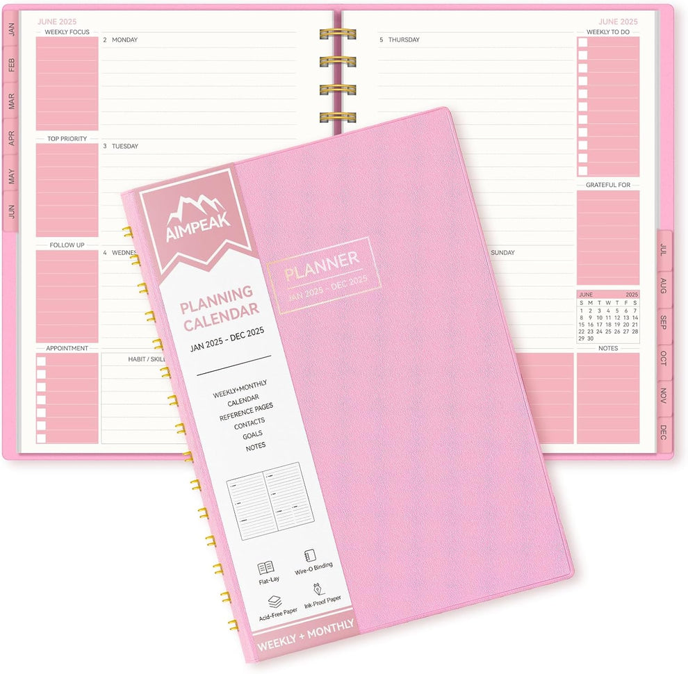 Aim for Success: 2025 Pink Daily Planner, Faux Leather, Monthly Tabs ...