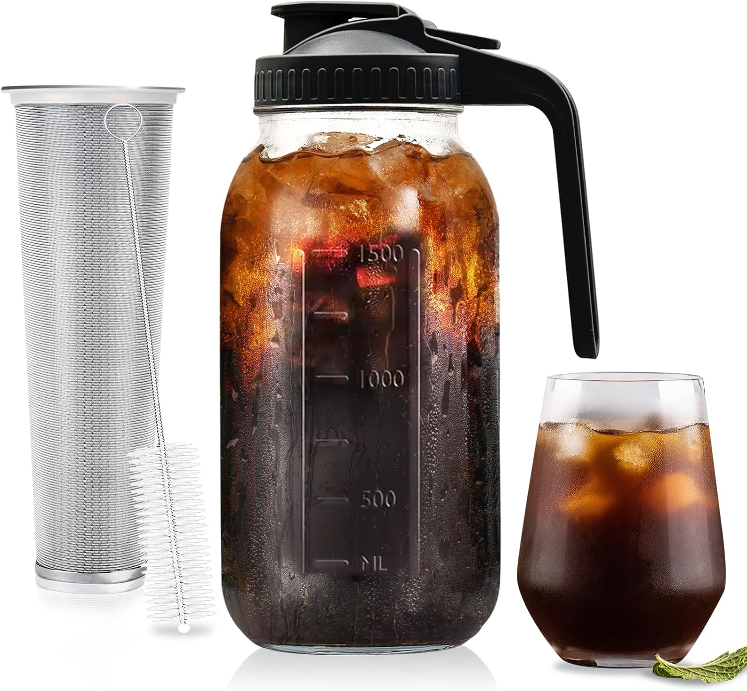 64 oz Cold Brew Coffee Maker - Mason Jar Pitcher with Stainless Steel ...