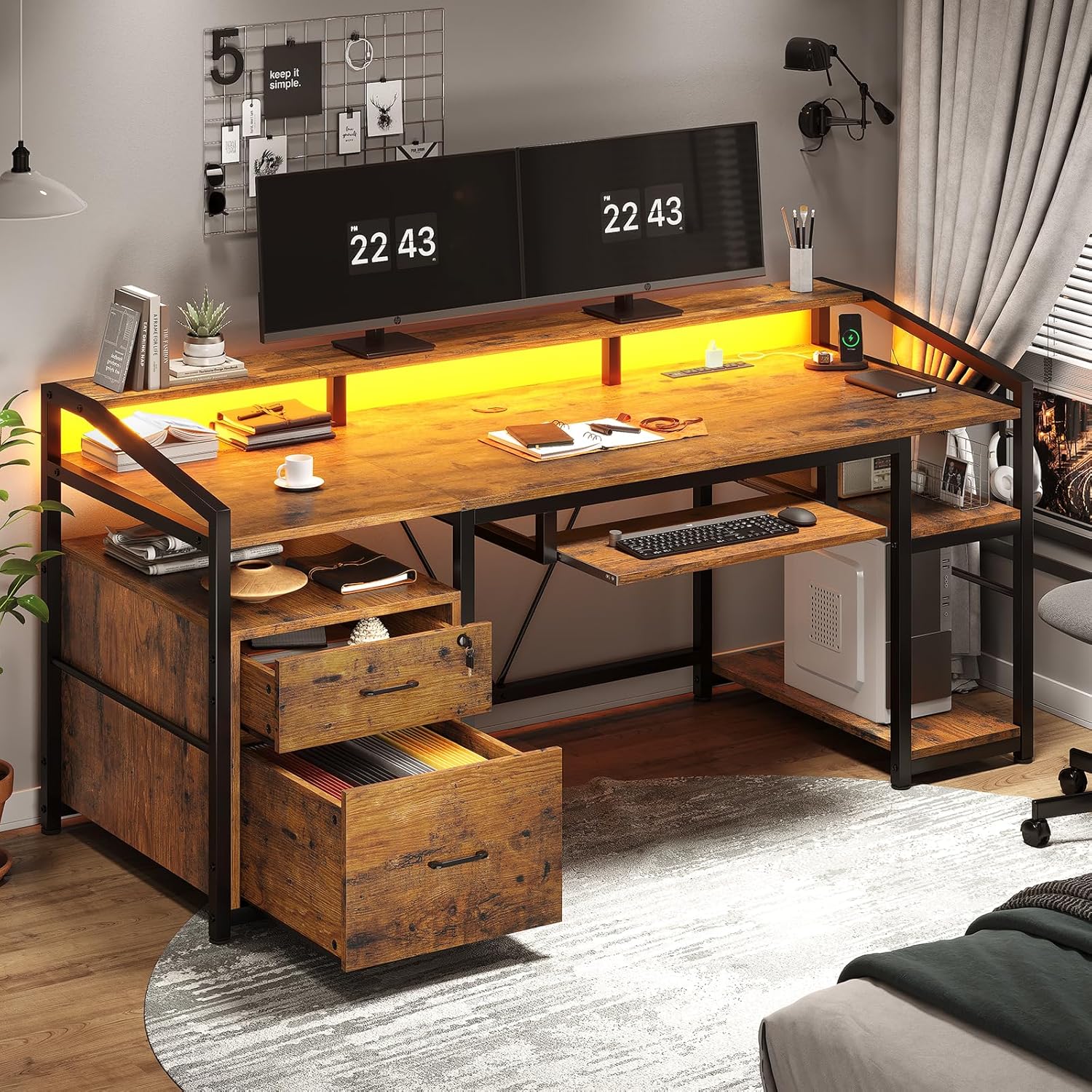 Rustic Brown Desk with Lock Drawers & LED Light – GearMustHave
