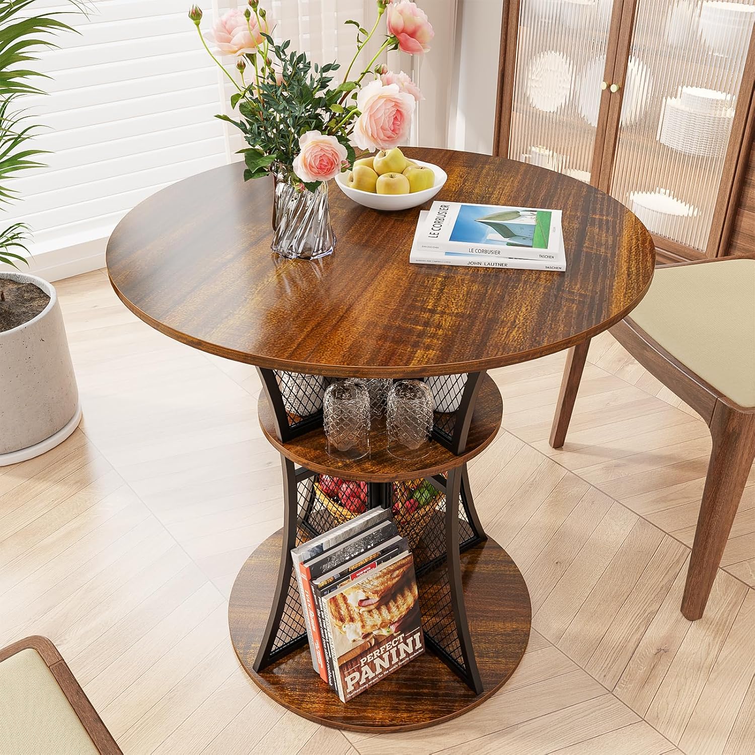 Space-Saving Round Dining Table with Storage Shelves – GearMustHave