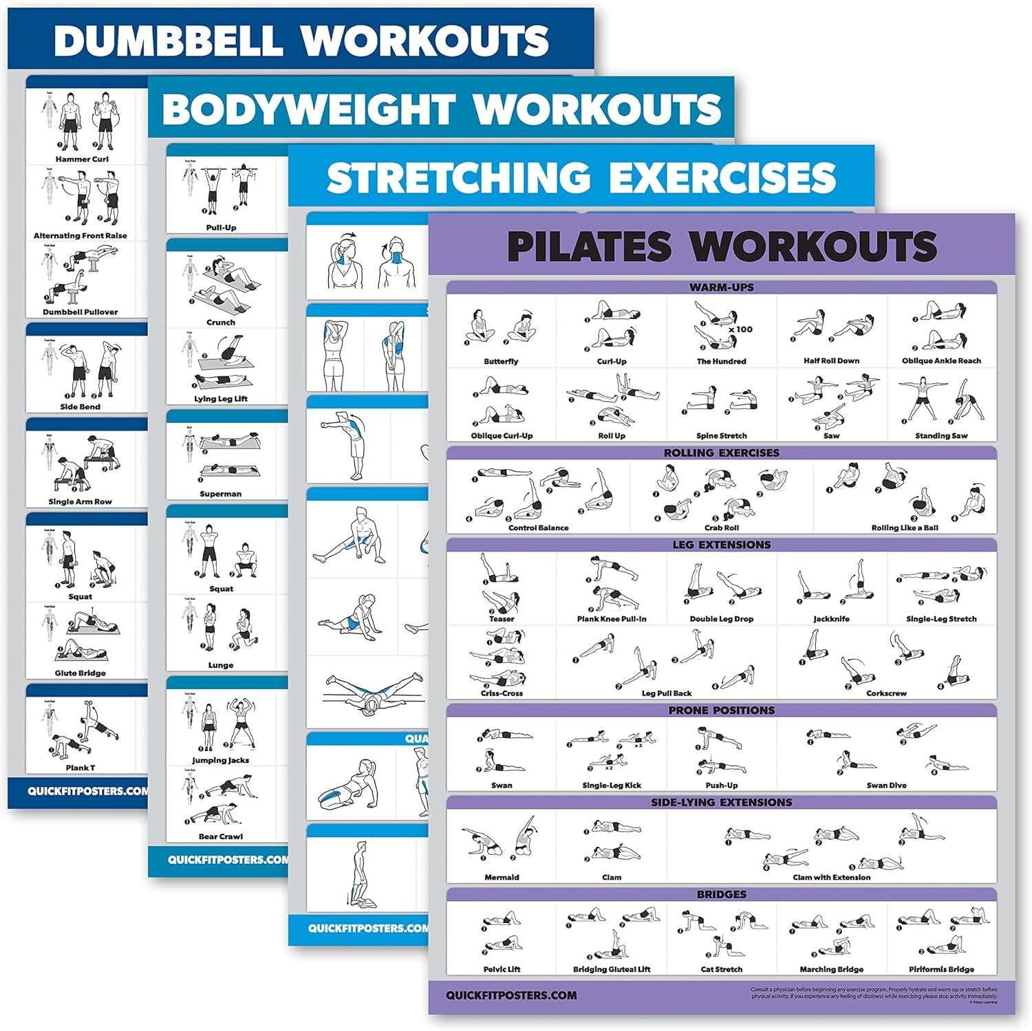 Ultimate Workout Charts Set - Dumbbell, Bodyweight, Stretching, Pilate ...