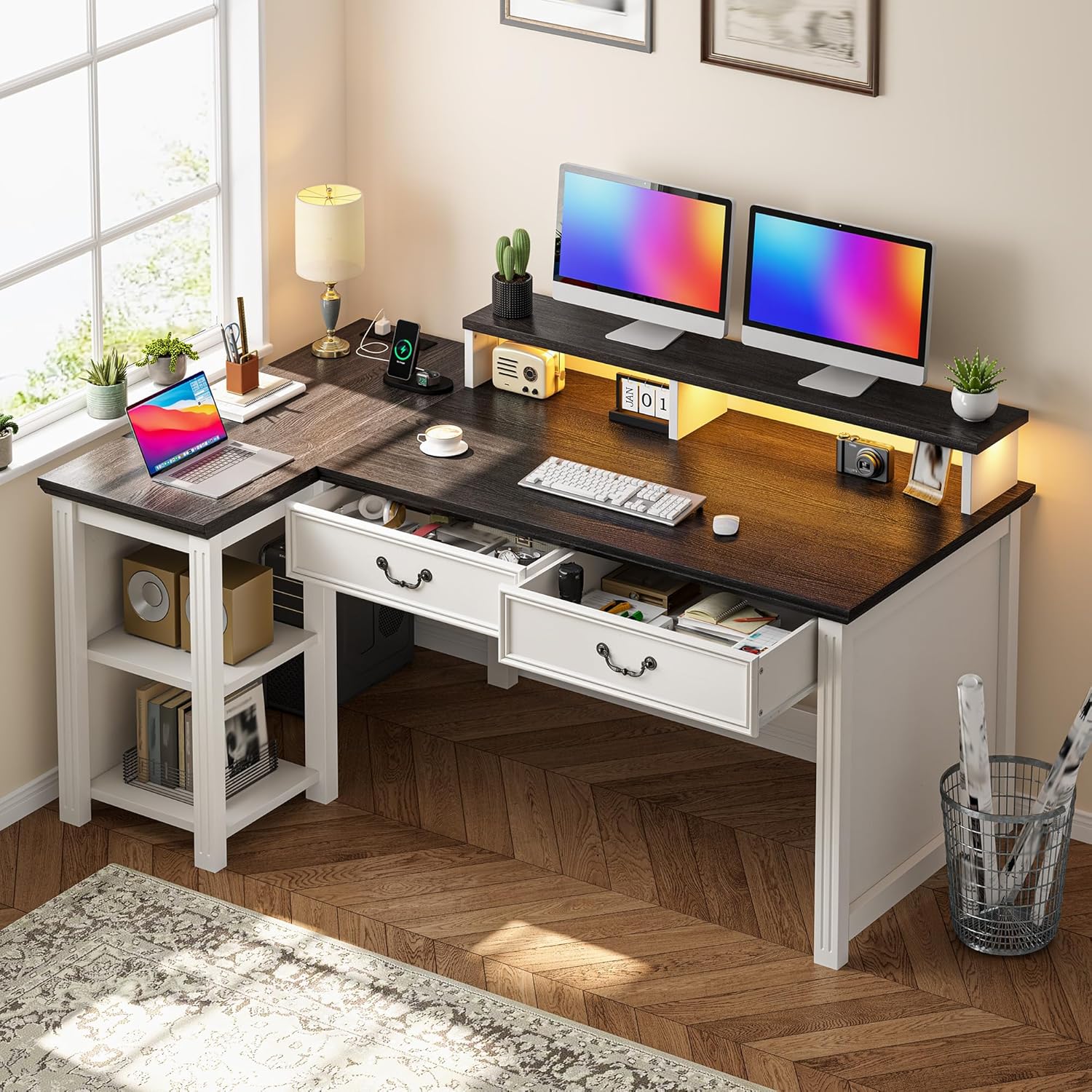 Farmhouse L Desk with Power Outlets & LED Lights – GearMustHave