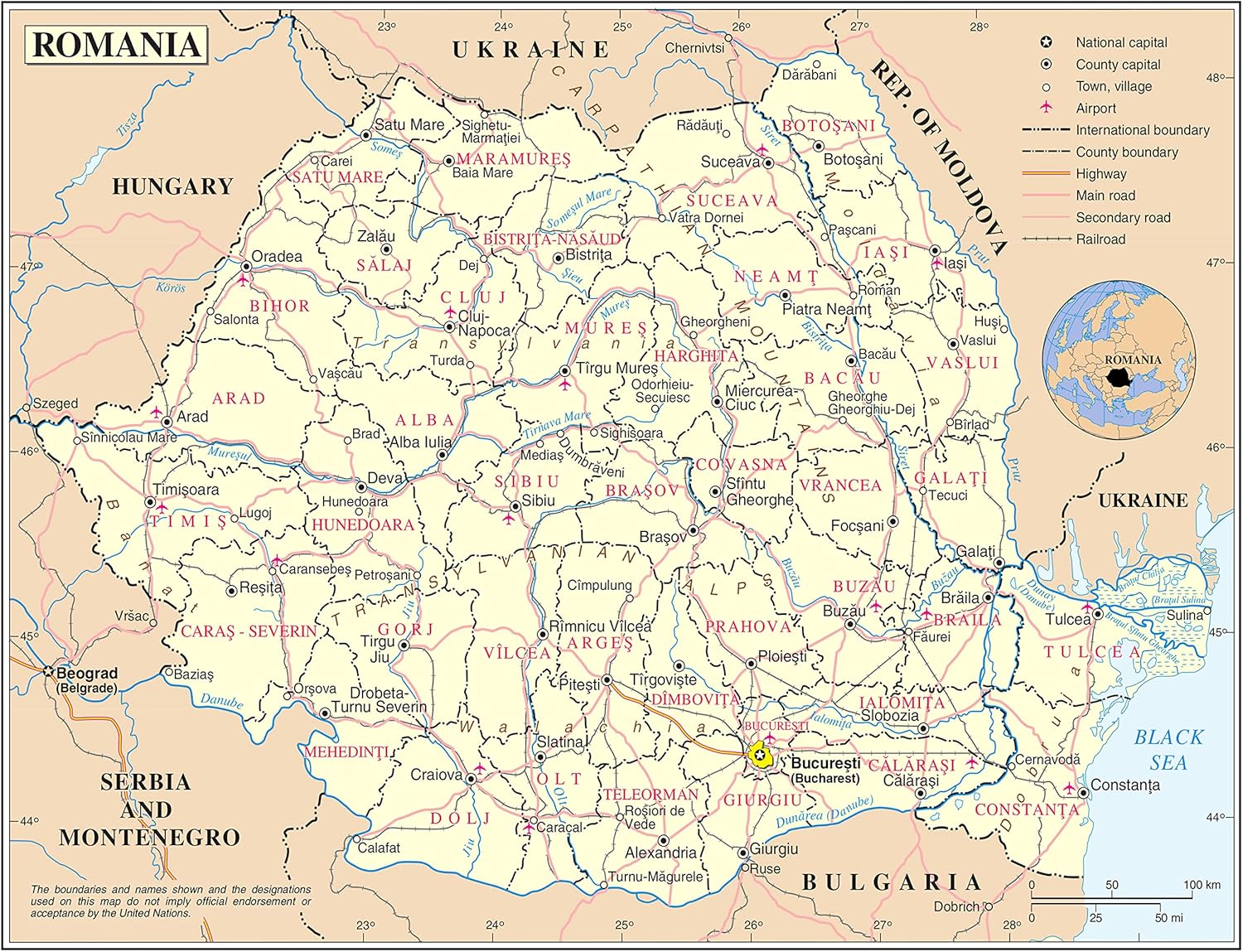 Large Detailed Map of Romania: Roads, Cities, Airports - 24x31 ...