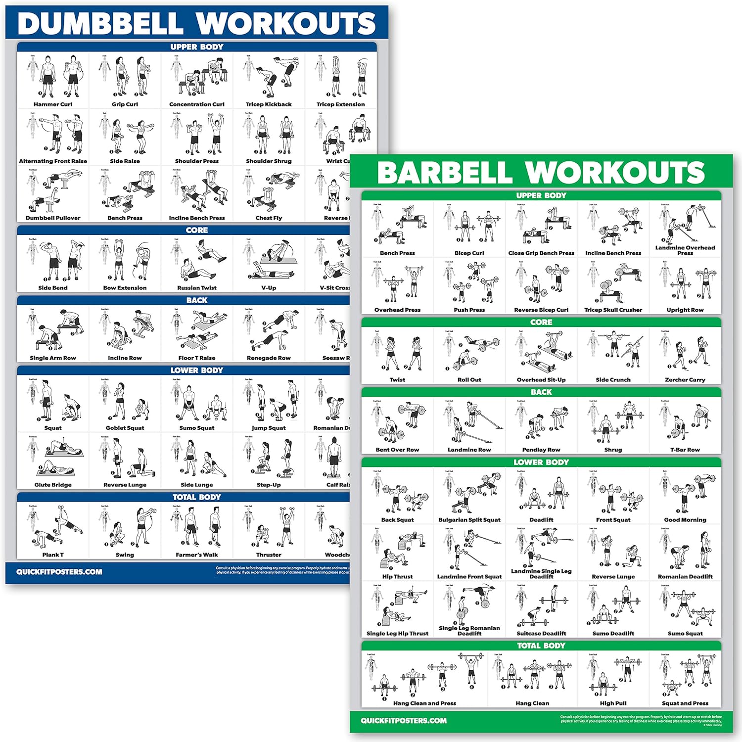 QUICKFIT Dumbbell & Barbell Exercise Poster Set - 2 Charts, Laminated ...